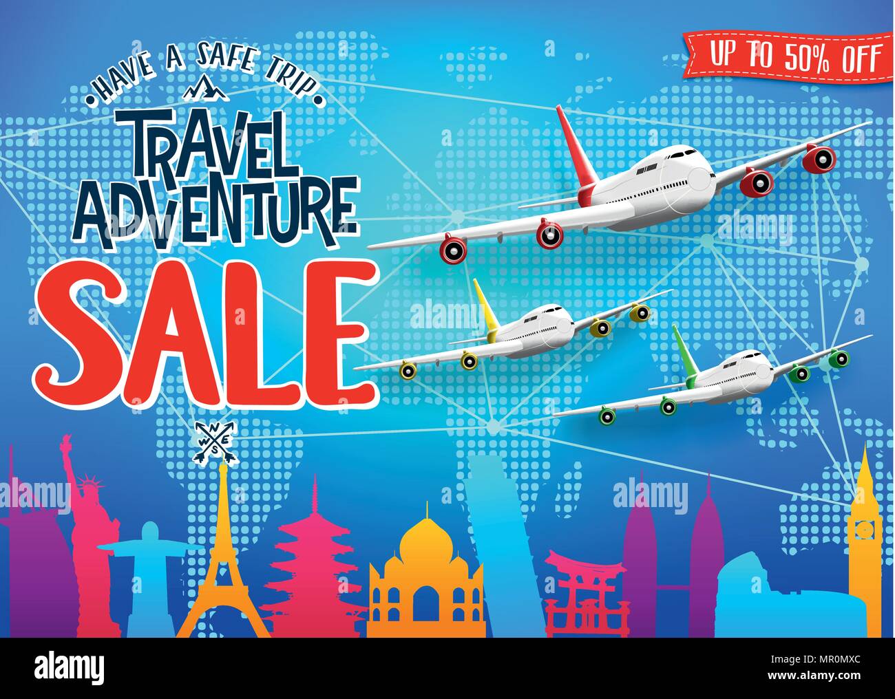 Creative Travel Adventure Sale Promotional Banner with Colorful World ...