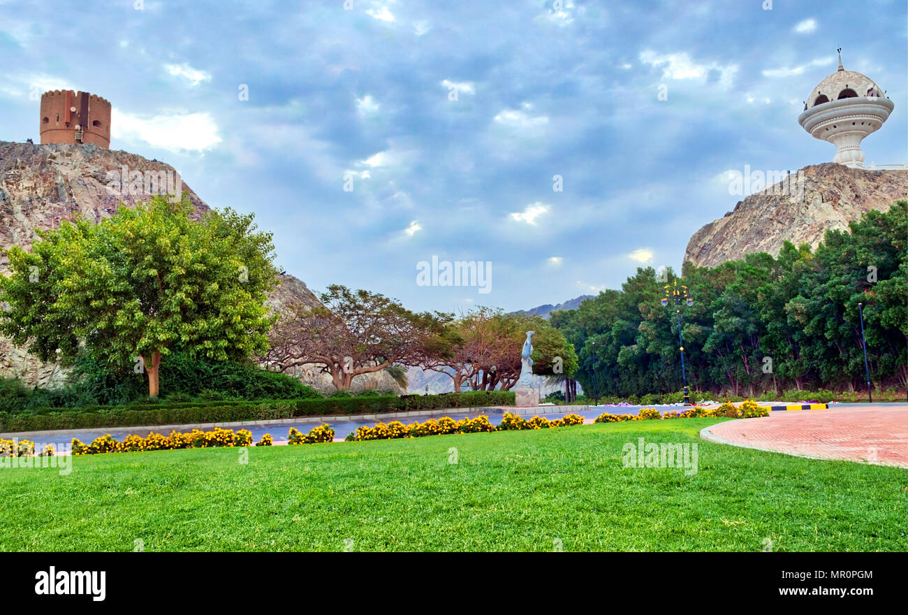 Frankincense burner monument and an old watchtower overlooking the park ...