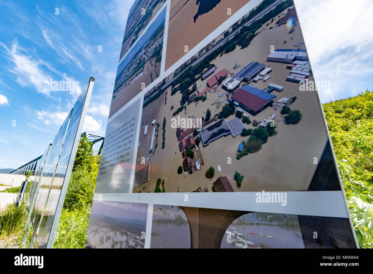 04 May 2018, Deggendorf, Germany: Display boards with pictures of the ...