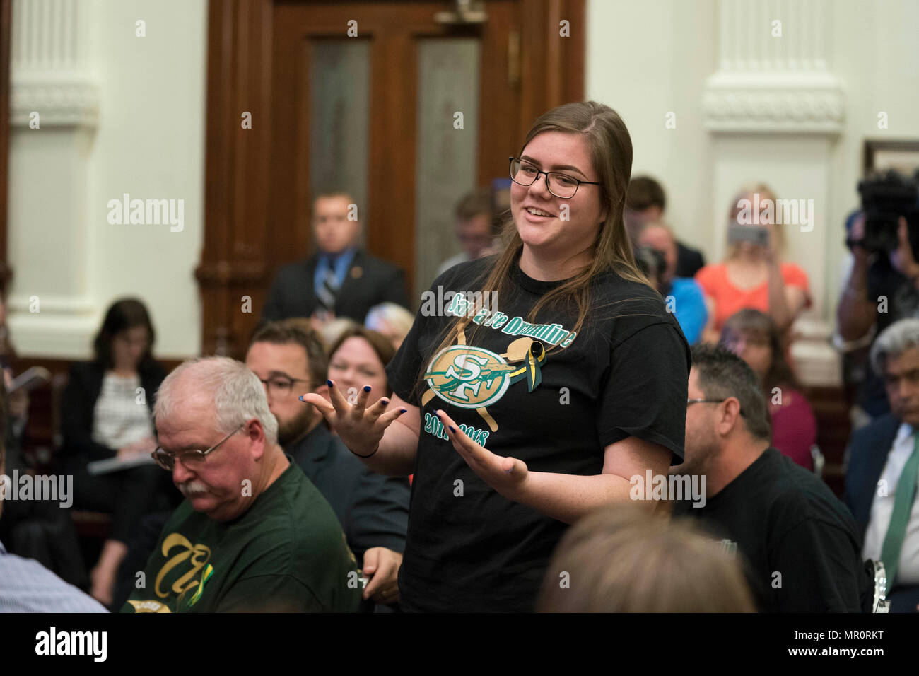 Santa Fe H.S. shooting survivor Grace Johnson speaks as Texas Gov. Greg ...