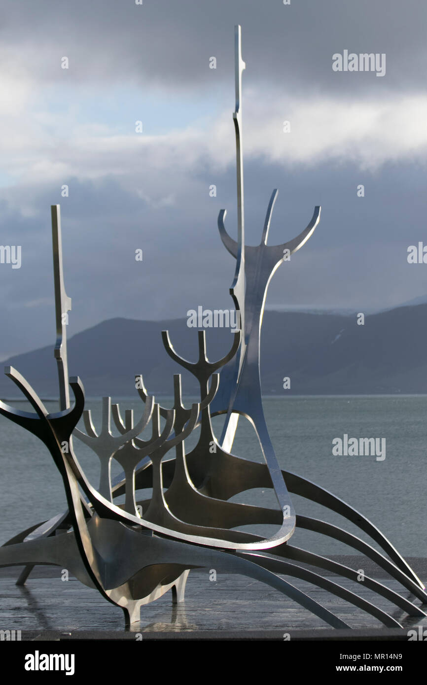 The Sun Voyager sculpture, a Viking ship in stainless steel by Jón ...