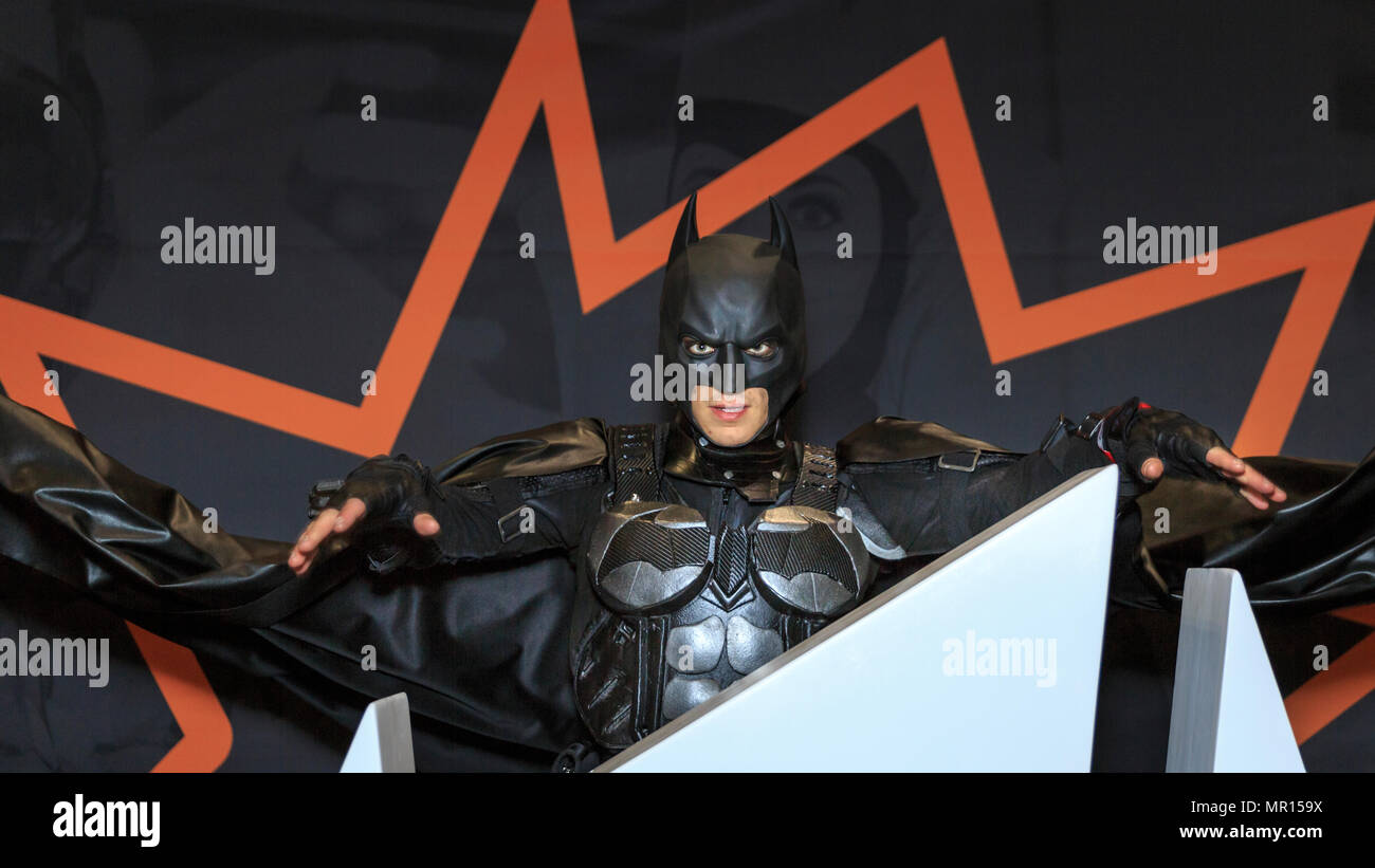ExCel, London, 25th May 2018. A character cosplayer as Batman gets into ...