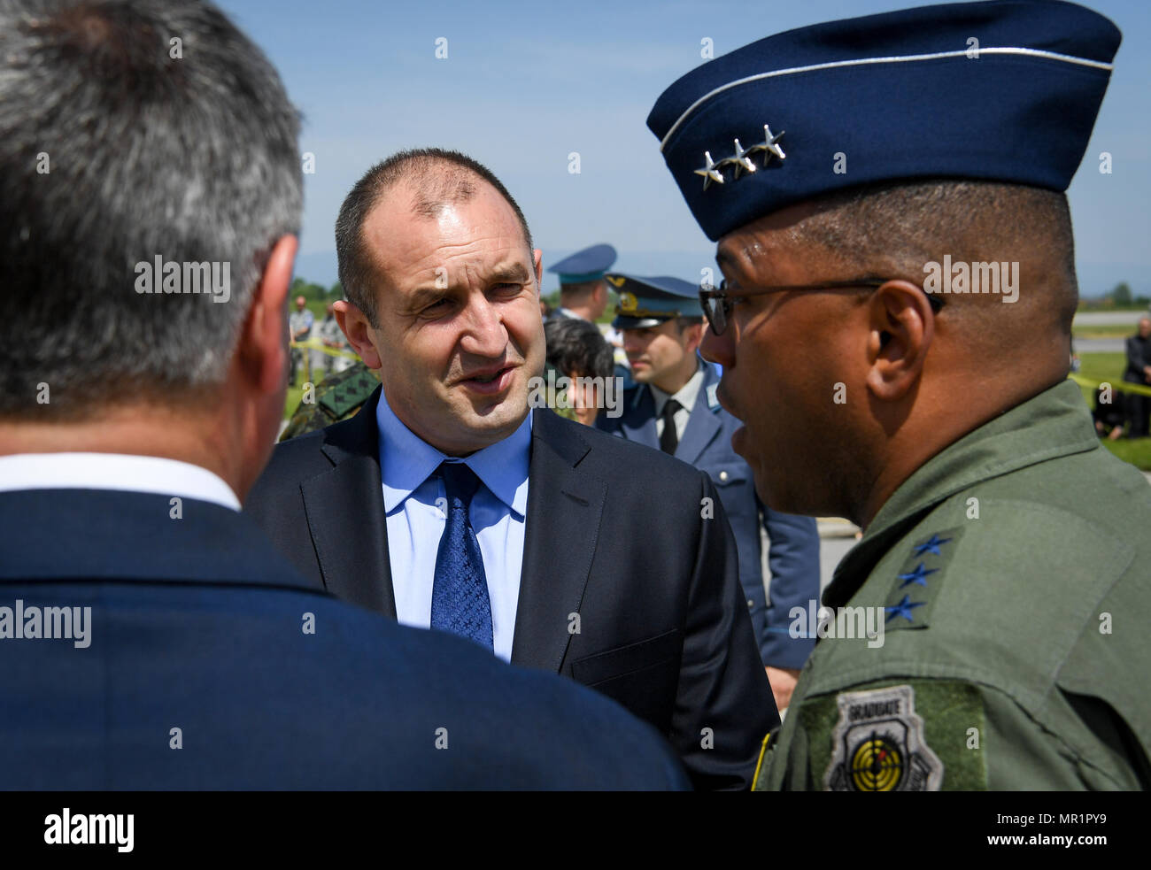 Bulgarian President Rumen Radev speaks with U.S. Air Force Lt. Gen ...