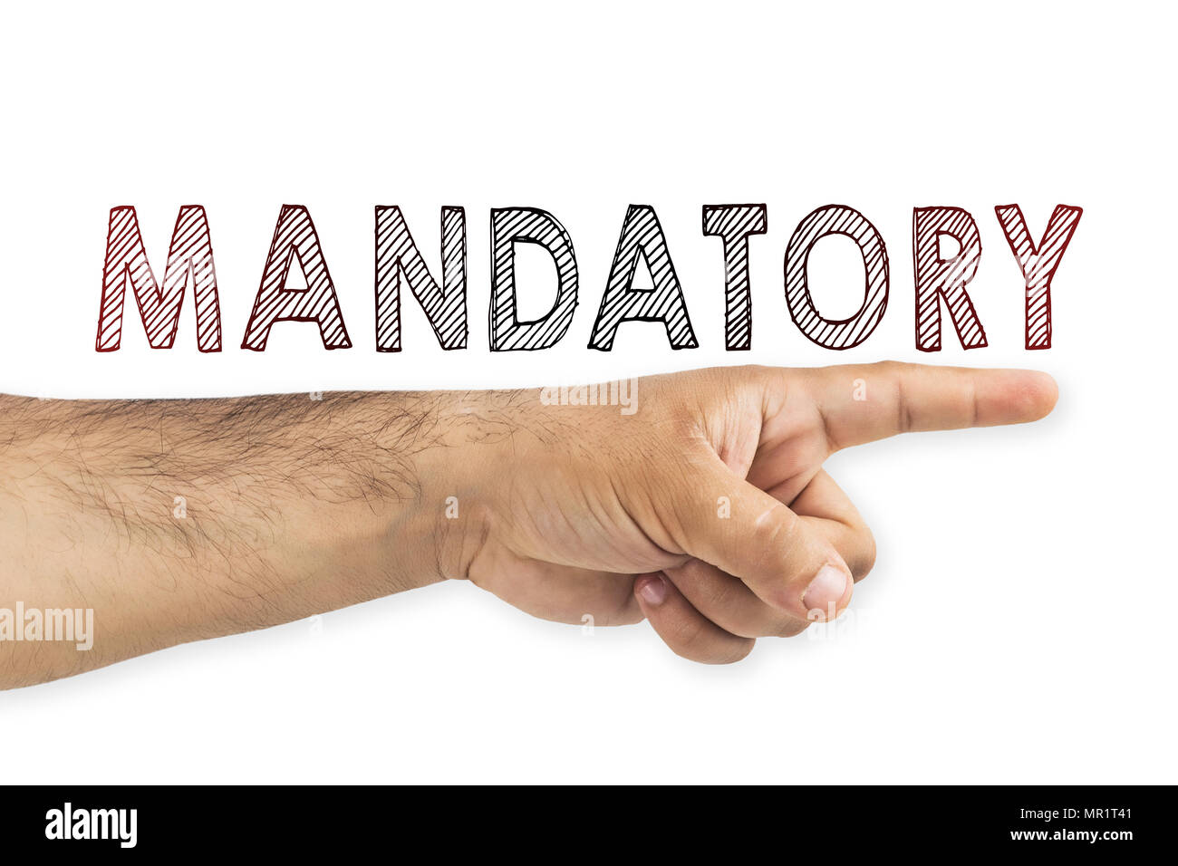 mandatory concept. Hand pointing to the right and inscription Mandatory ...