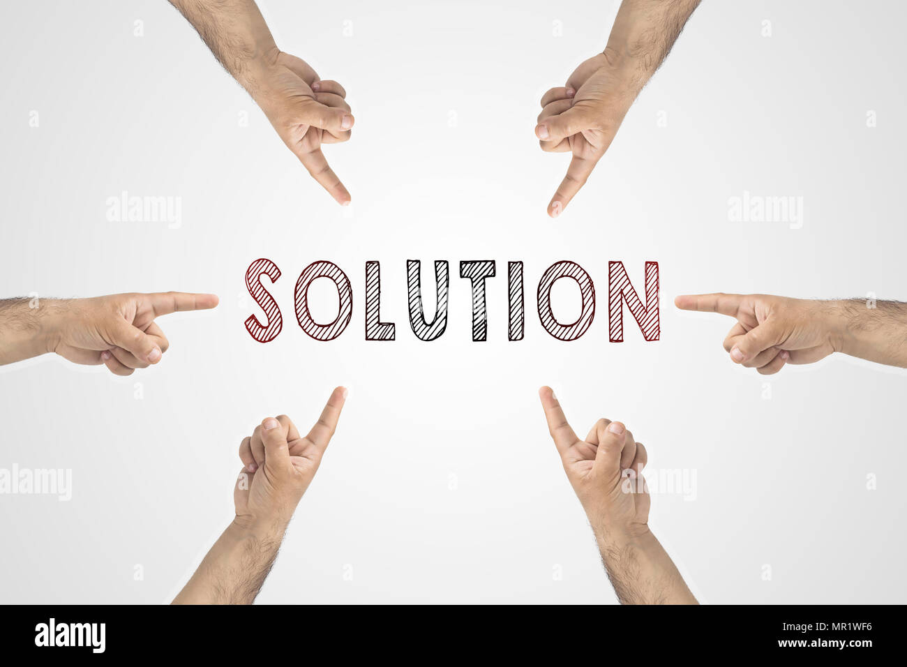 New idea, Solution, resolution concept. Pointing hands around the text ...