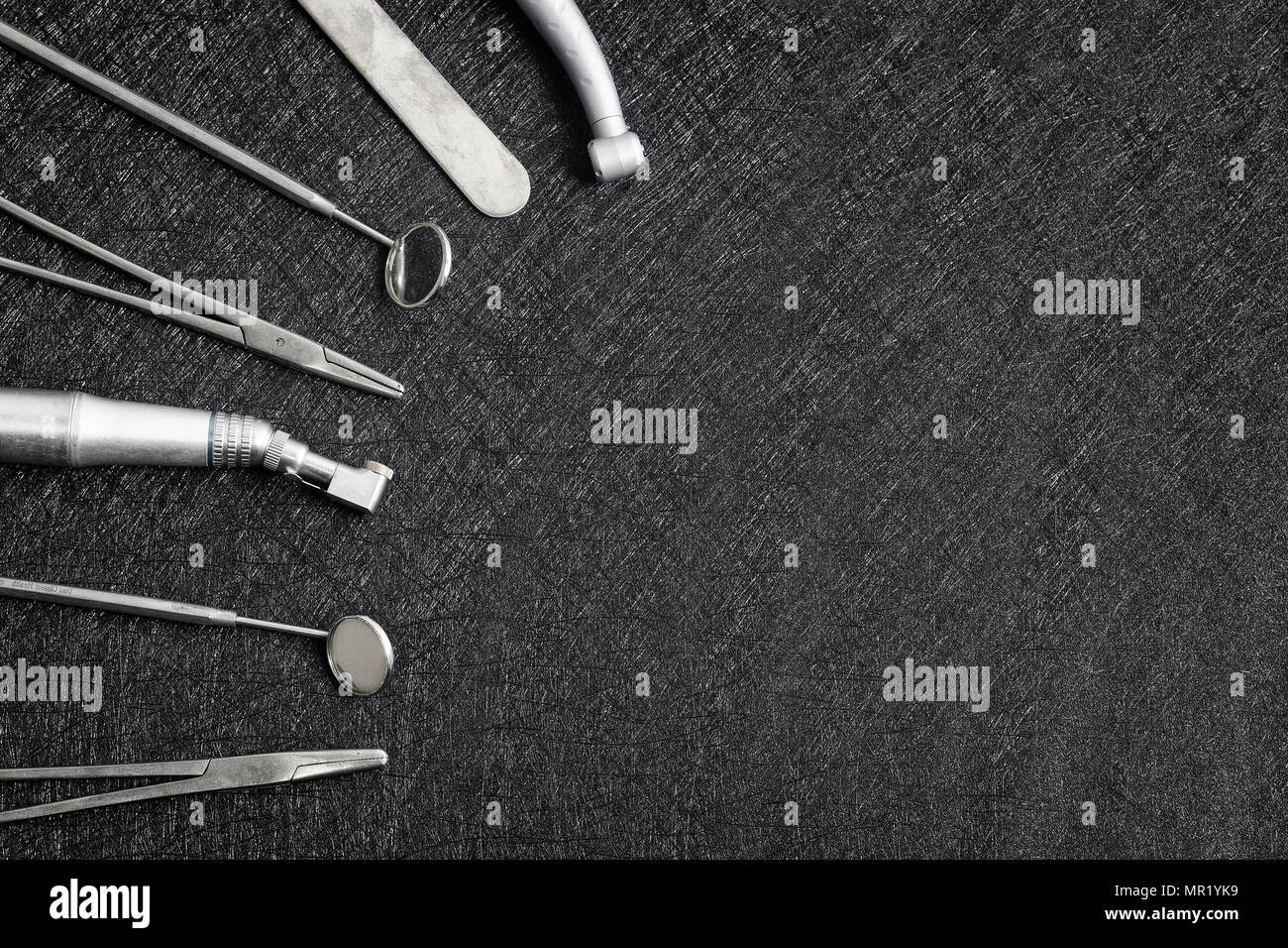 Set of metal Dentist Dental Equipment. View from above. Top view studio ...