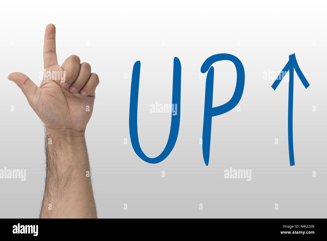Hand gesture show up. UP text with an up arrow. hand sign upstairs ...