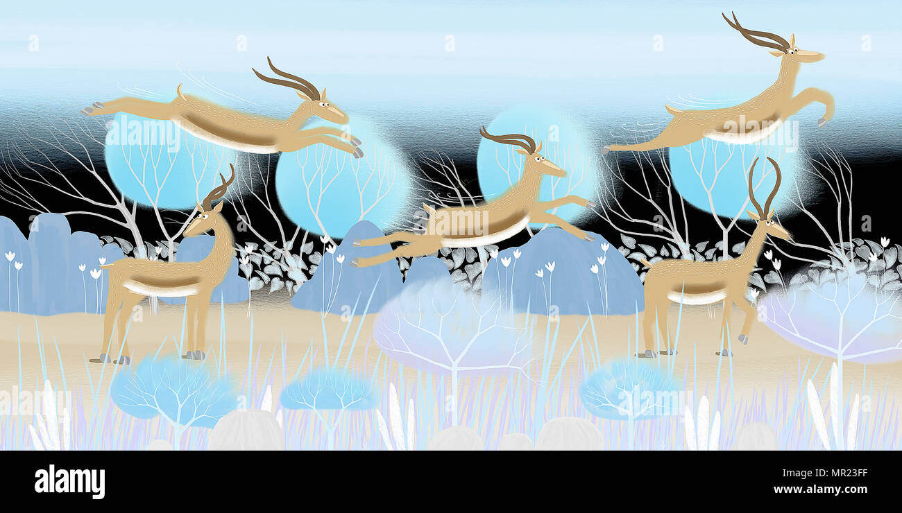An illustration of a herd of springboks springing and leaping through ...