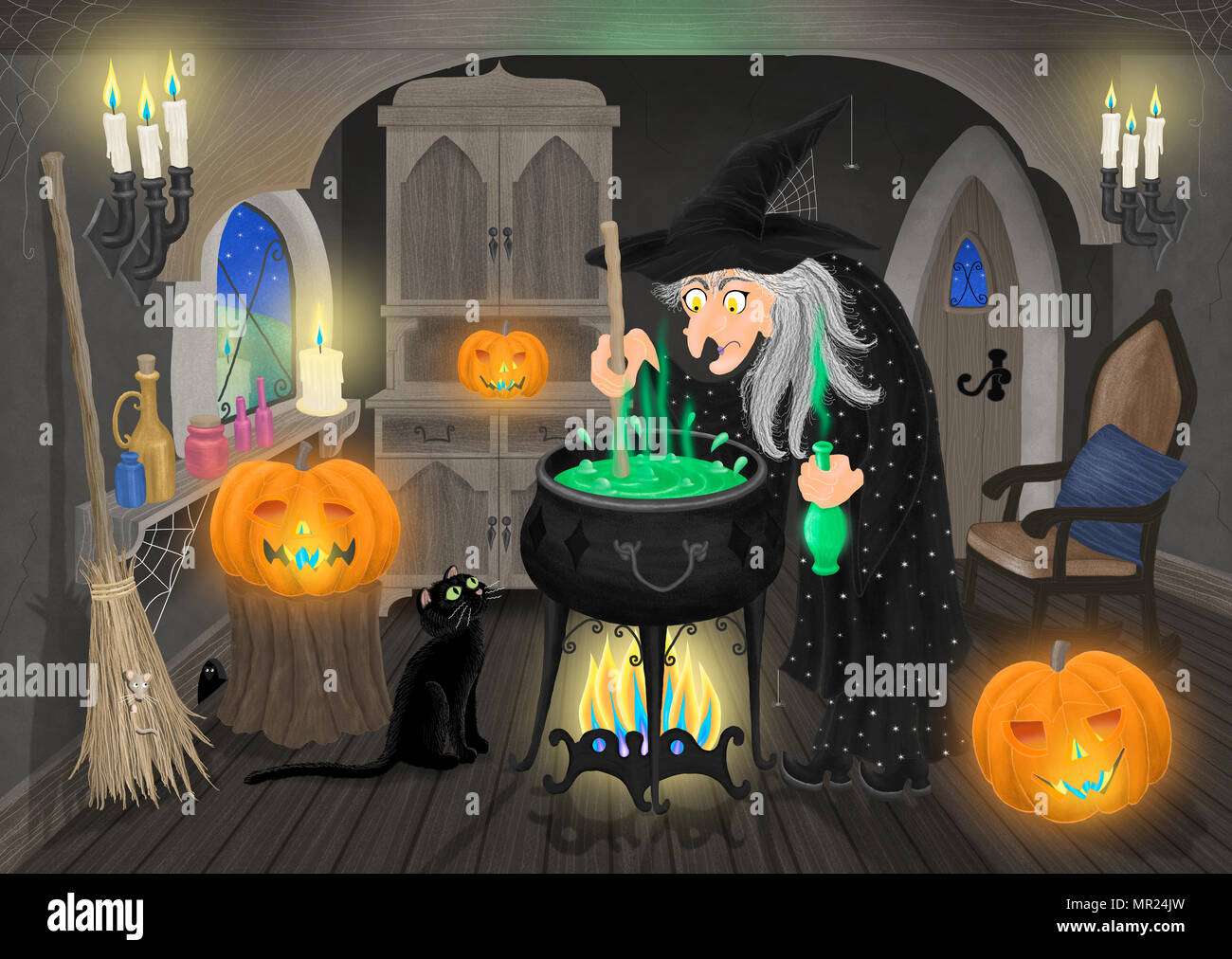 A digital illustration of a witch stirring her magic brew in her ...