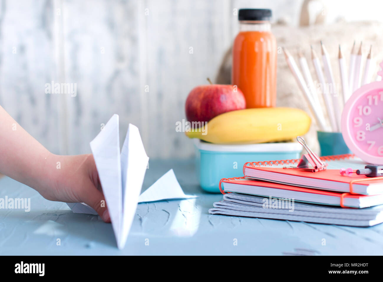 School lunch box for kids. Back to school. Cooking. Child's hands. Top ...
