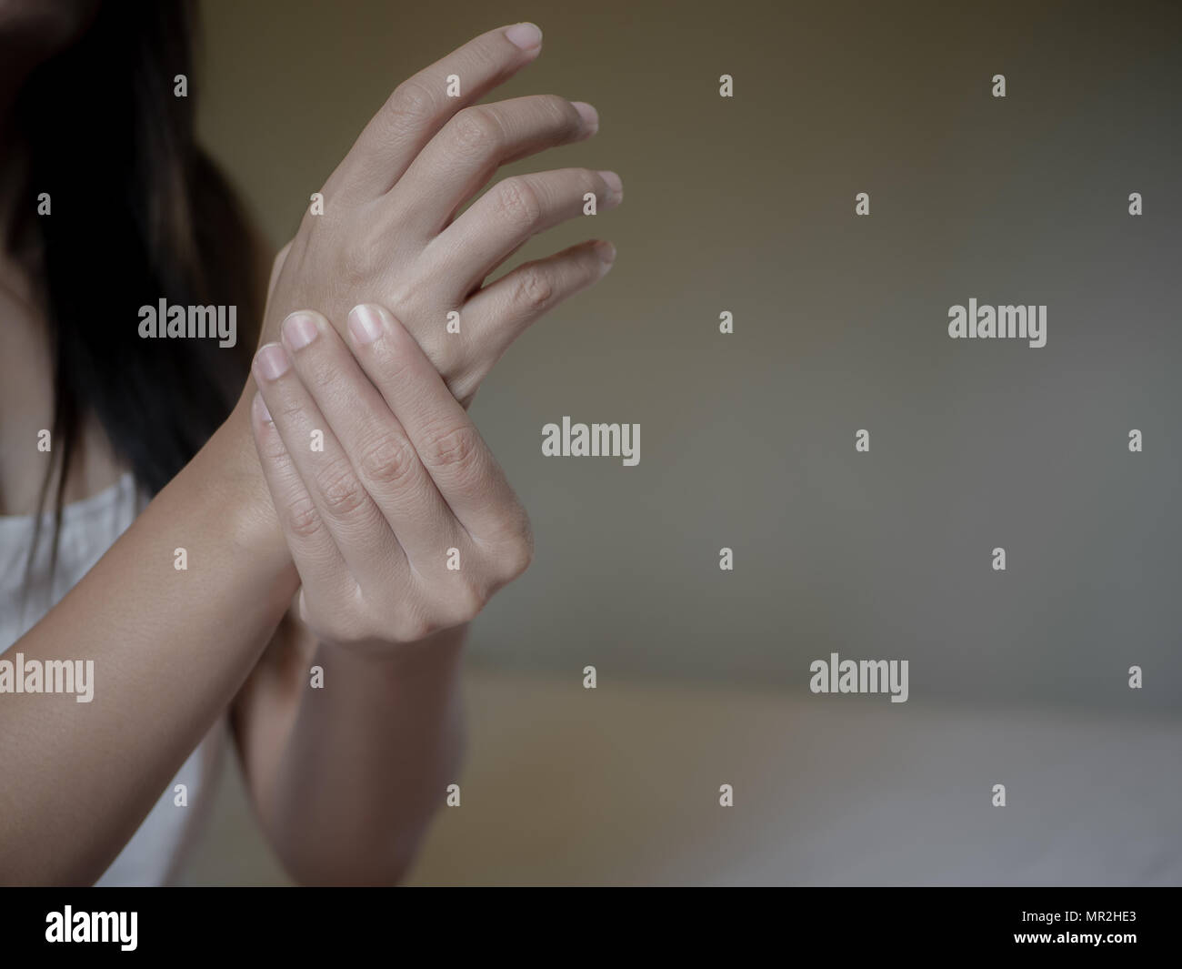 Closeup Young Woman With Painful Hand. Health Care Concept Stock Photo ...