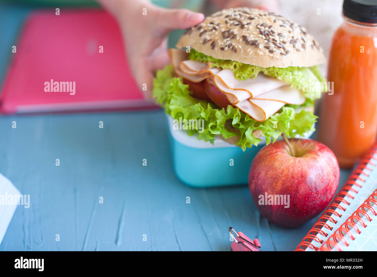 Sandwich for school lunch, books. Place for text Stock Photo - Alamy