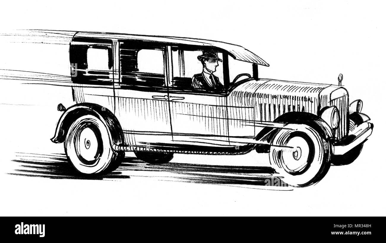 Retro car. Ink black and white drawing Stock Photo - Alamy