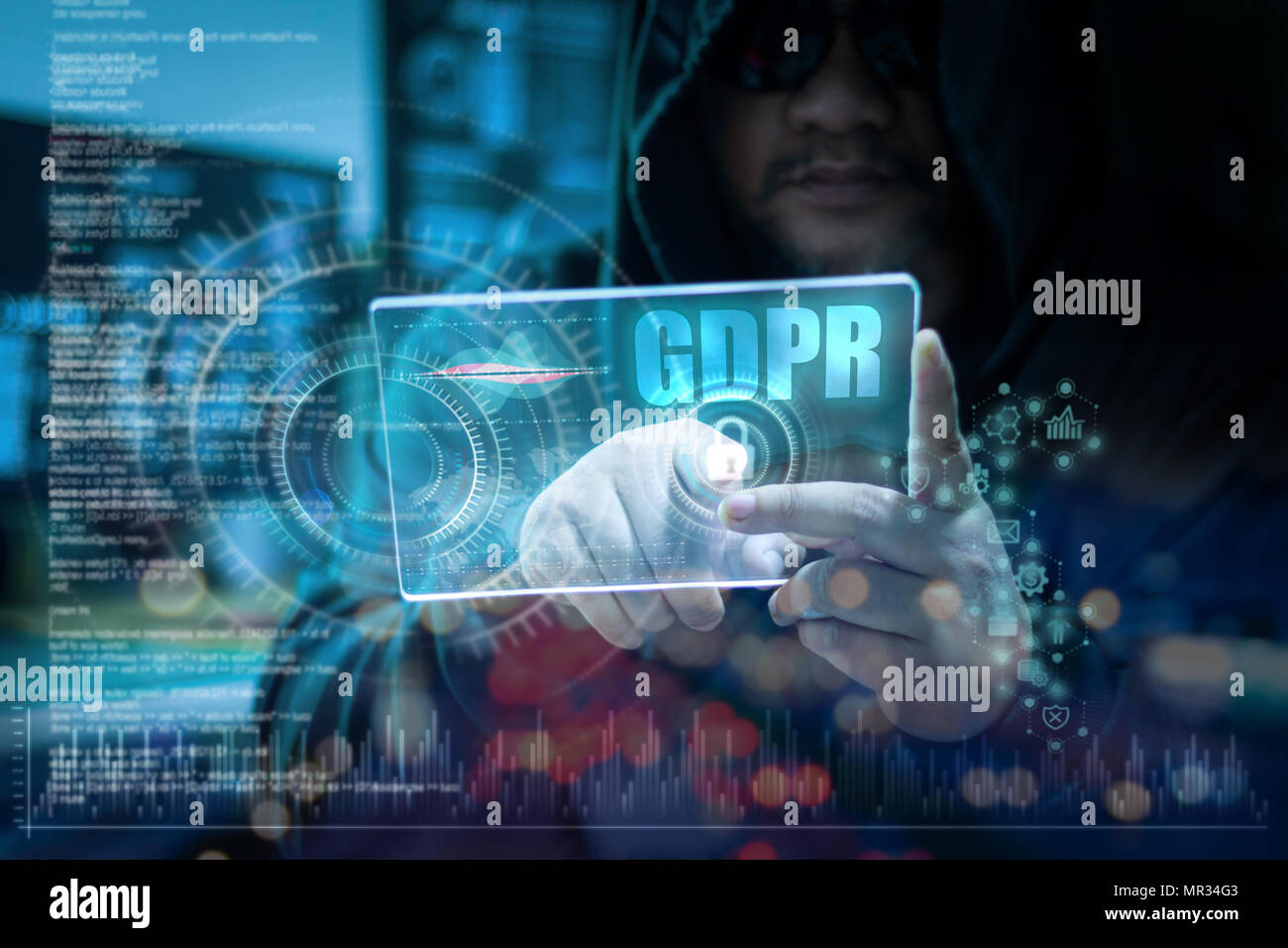 Hacker using clear tablet with HUD panel and code graph bar data ...