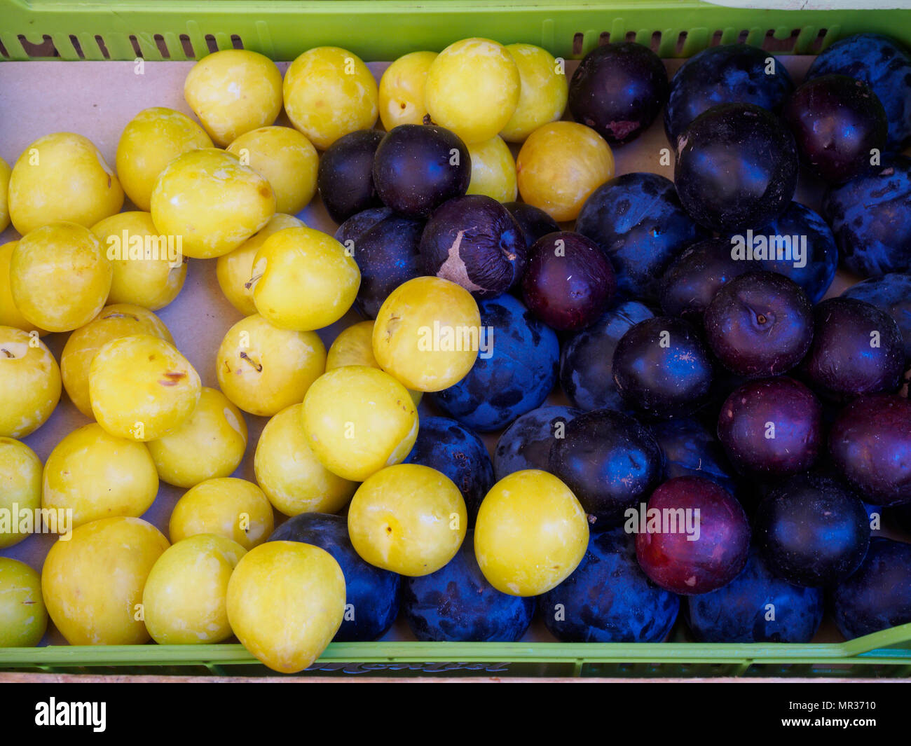 Box of Plums on a fruit stall Stock Photo - Alamy