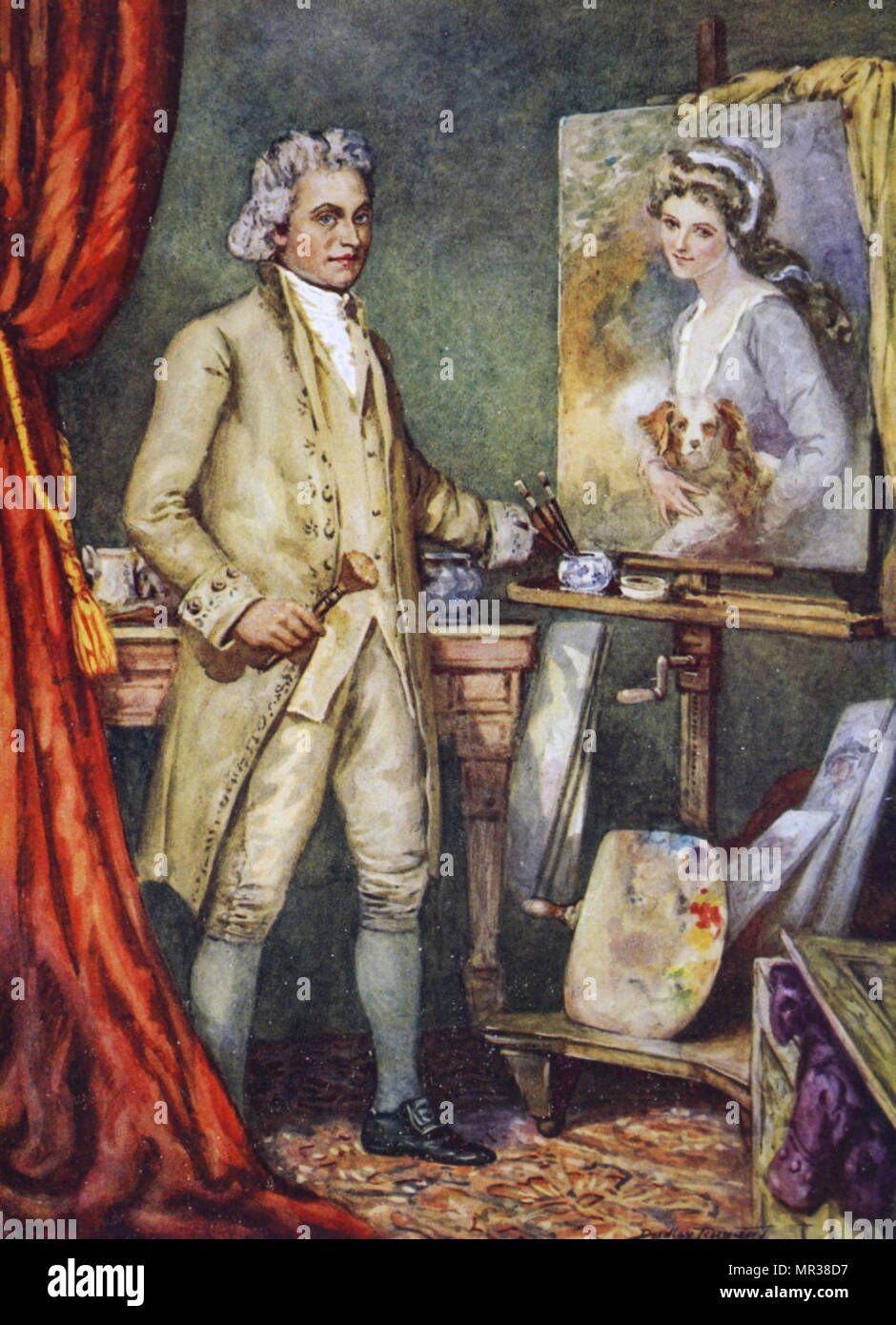Painting depicting George Romney painting a portrait of Lady Hamilton ...