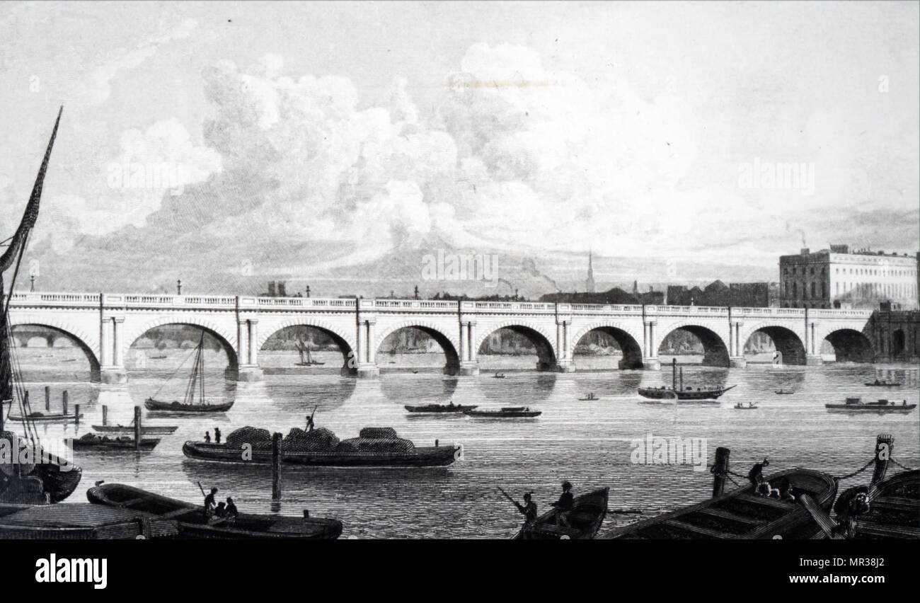 Engraving depicting Waterloo Bridge across the River Thames. Built by ...