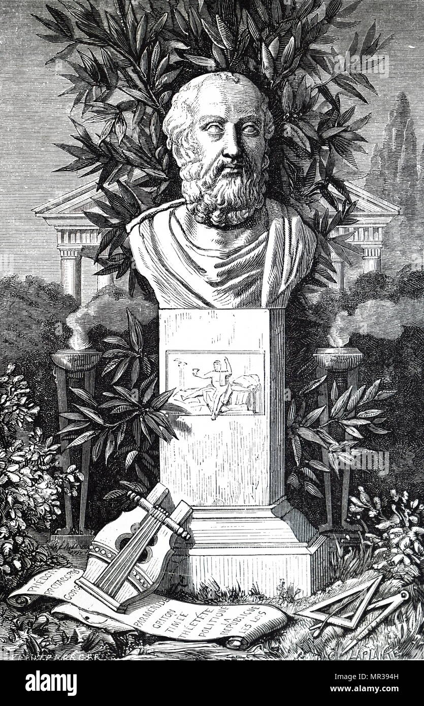 Engraving depicting a bust of Plato, a philosopher in Classical Greece ...