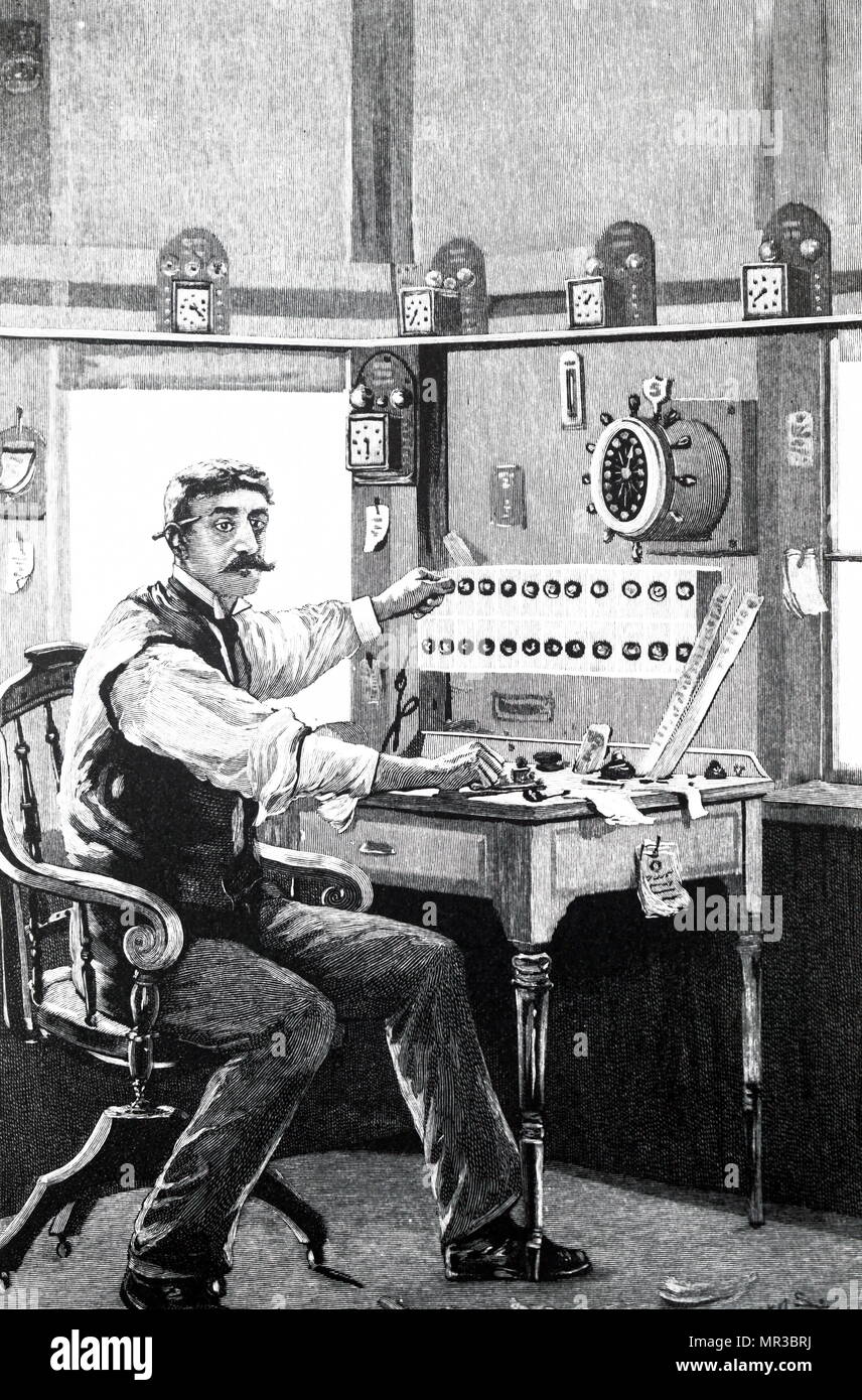 Illustration depicting a train dispatcher using a Morse key to send a ...