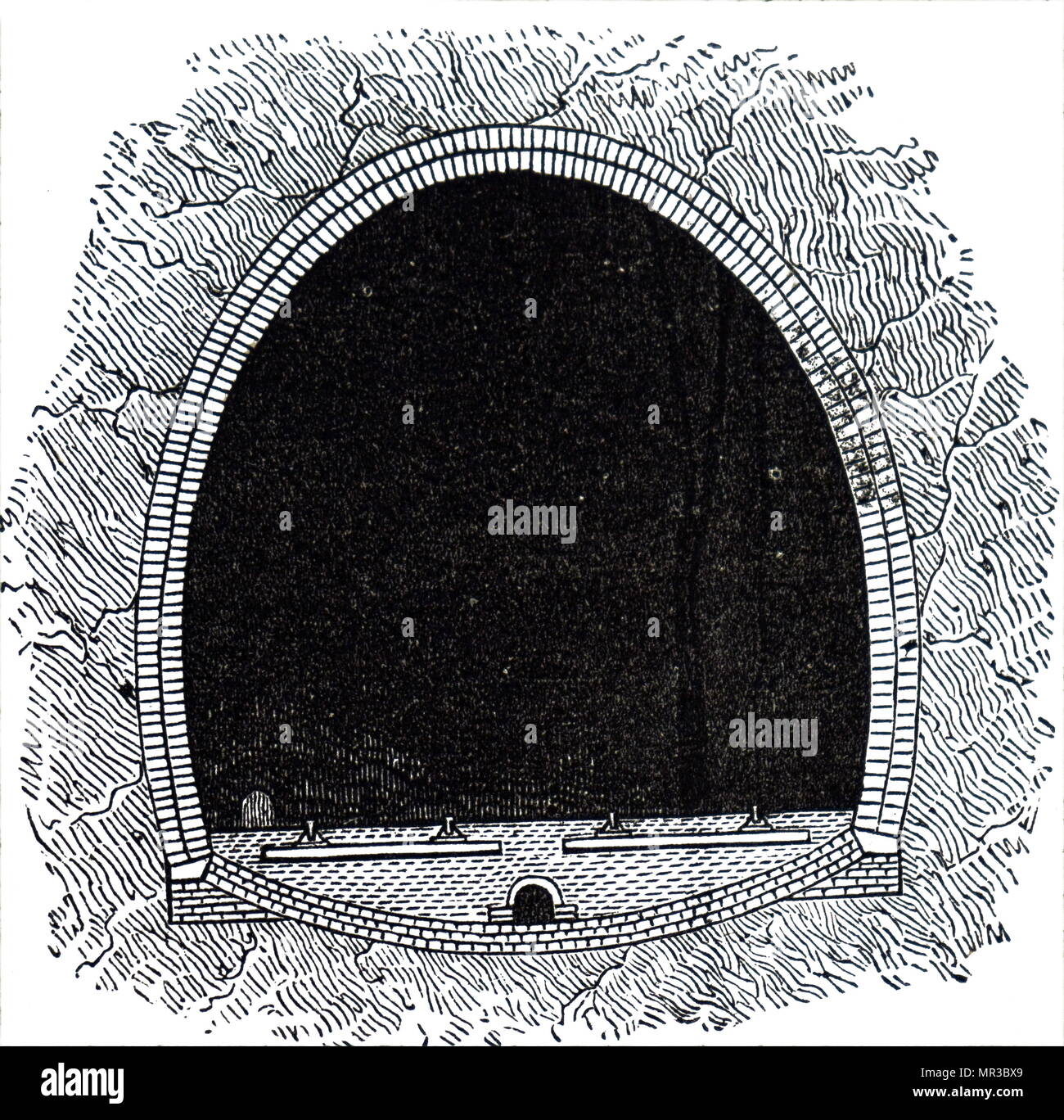 Sectional view of a typical two-way railway tunnel. Dated 19th century ...