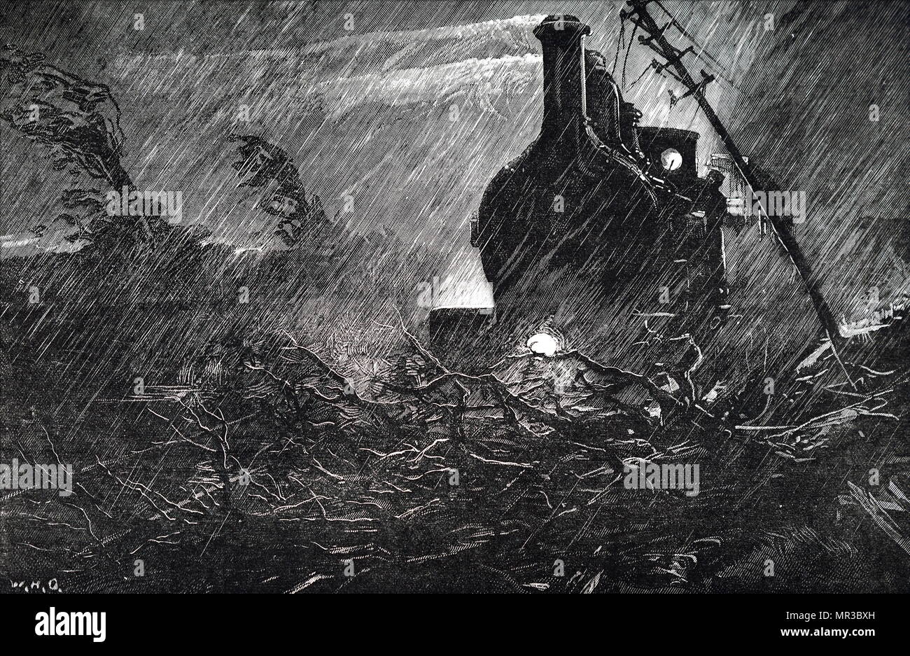 Engraving depicting a train halted by debris on the track during a rain ...