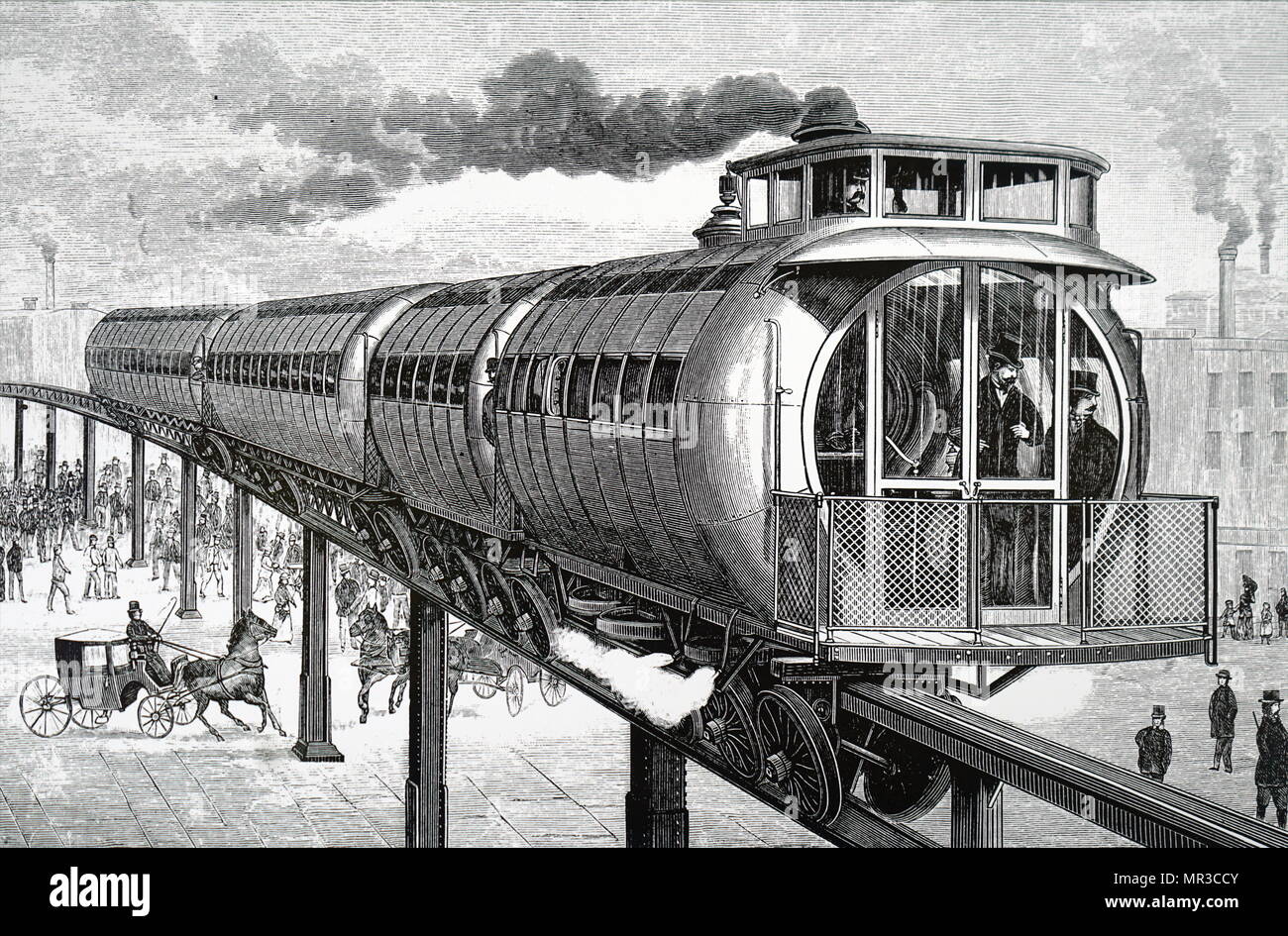 Illustration depicting Henry Meiggs' elevated monorail system in Boston ...