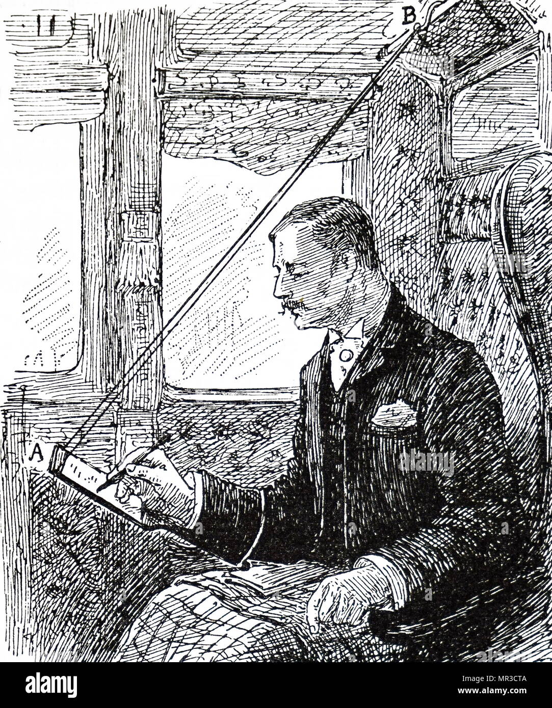 Illustration depicting a passenger in a first-class carriage using a ...