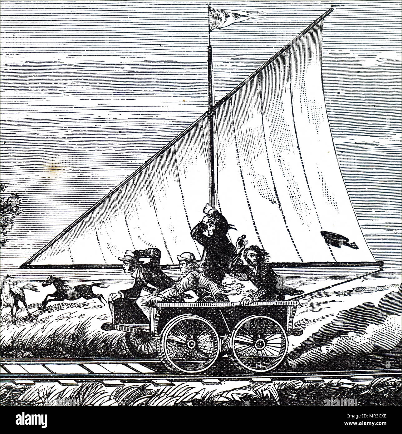 Illustration depicting a wind carriage on the Kansas Pacific Railroad ...