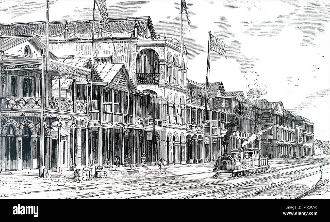 Illustration depicting the Terminus of the Panama Railway at Colón ...