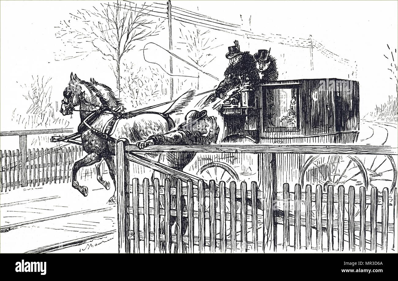 Cartoon depicting a horse and carriage driving through the streets of ...