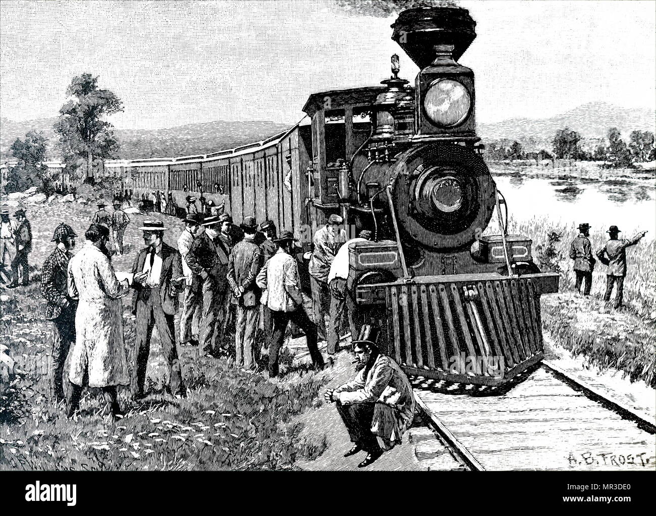 Illustration depicting a broken down train. Passengers wait patiently ...