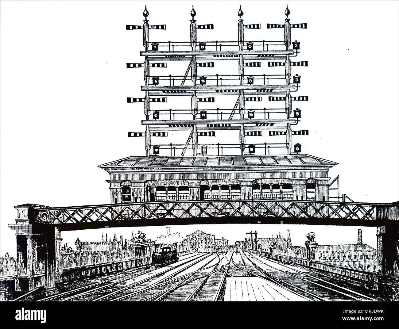 Illustration depicting a signal gantry at Cannon Street, London. Dated ...