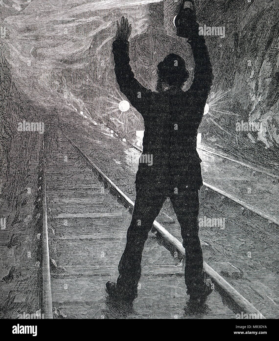 Illustration depicting a man trying to stop a train during an emergency ...