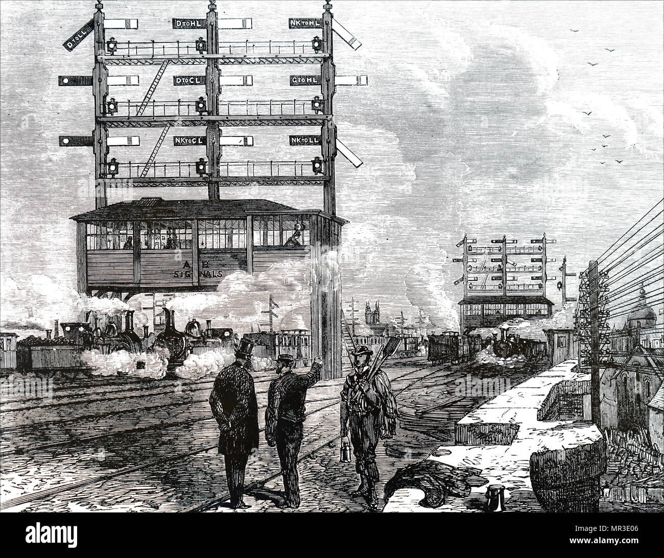 Illustration depicting a signal gantry at London Bridge Station. Dated ...