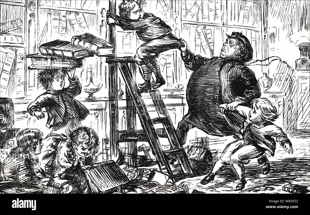 Cartoon depicting children causing chaos within a library. Dated 19th ...