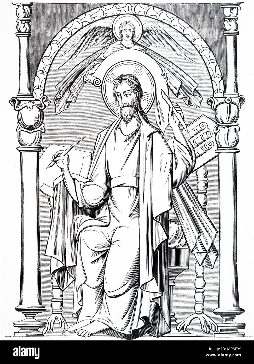 Engraving depicting one of the Evangelists writing on parchment with ...