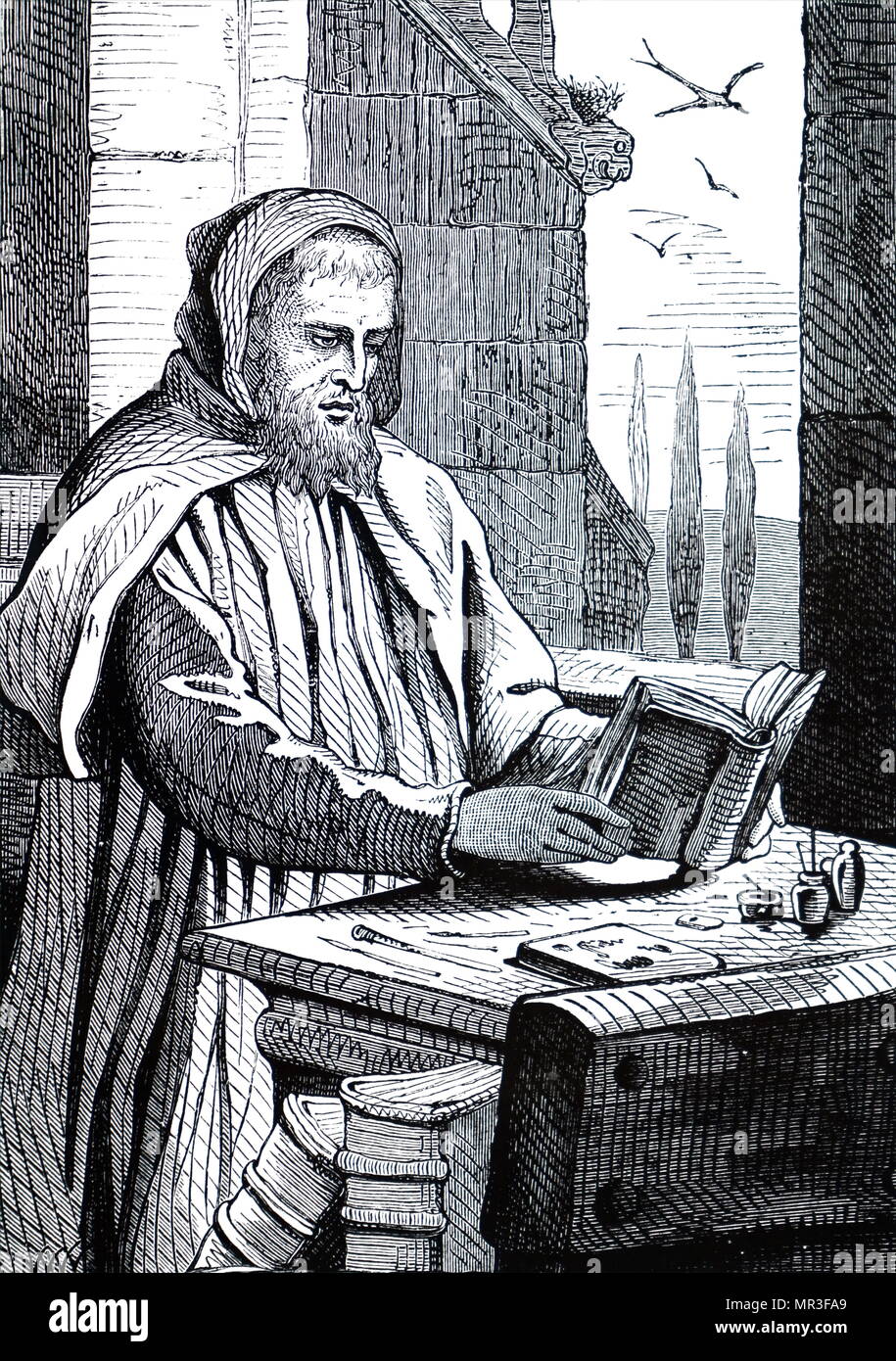 Engraving depicting a monk illuminating a manuscript. Dated 19th ...