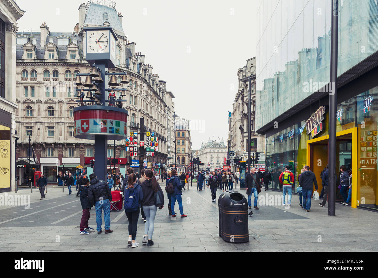 London, UK - April 2018: The Swiss Glockenspiel, free-standing clock ...
