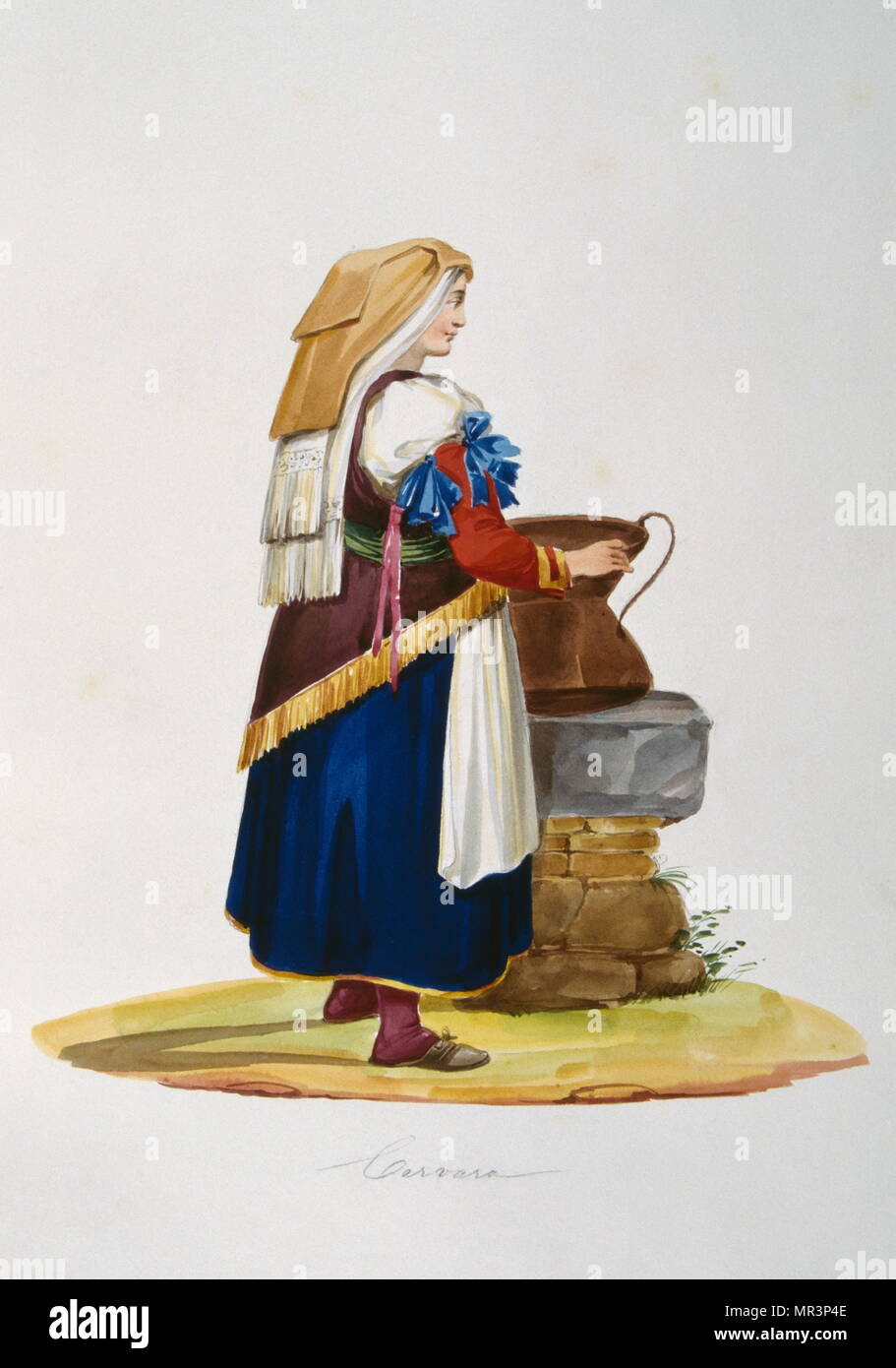 painting in Gouache depicting an Italian peasant in traditional costume ...