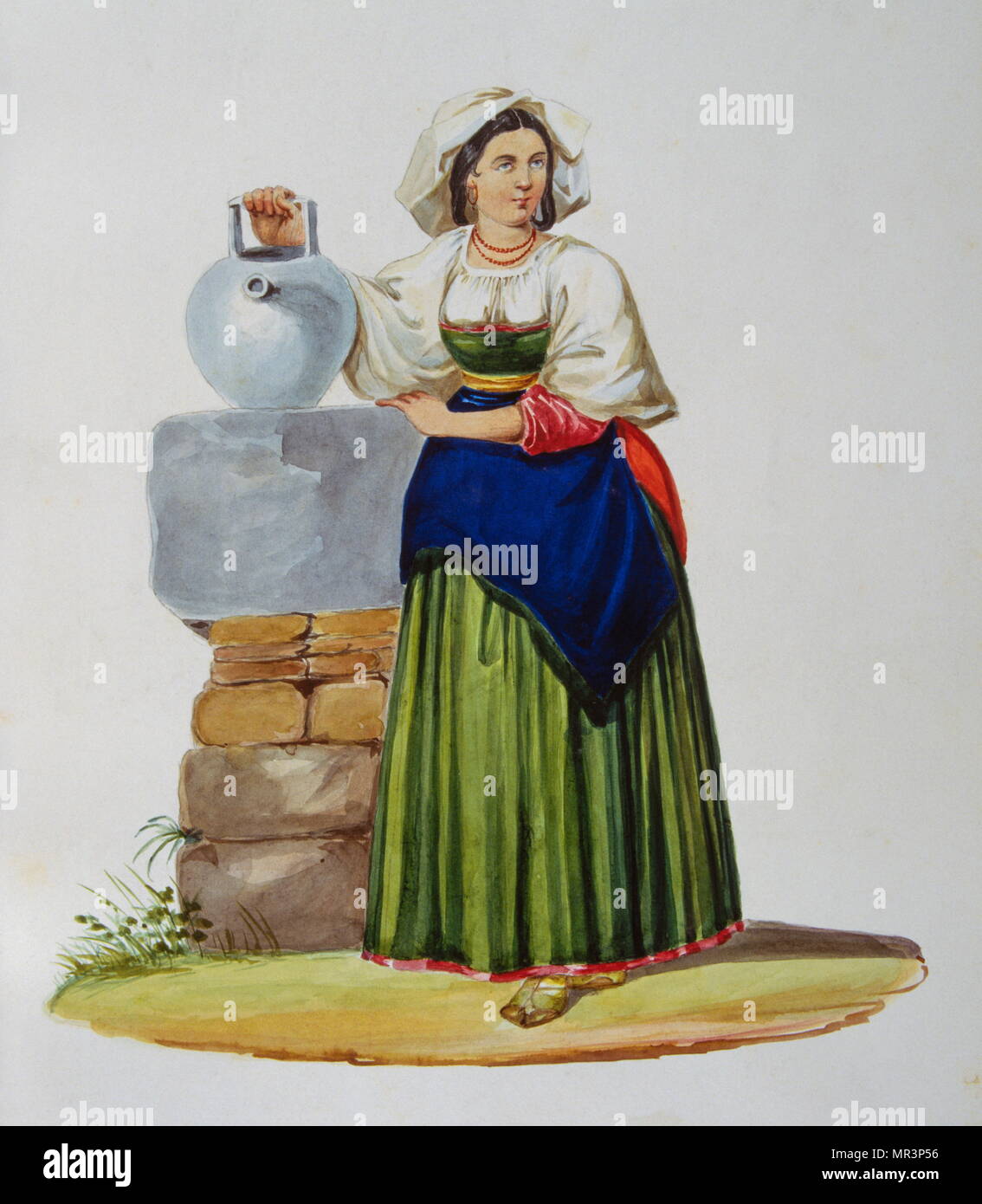 painting in Gouache depicting an Italian peasant in traditional costume ...