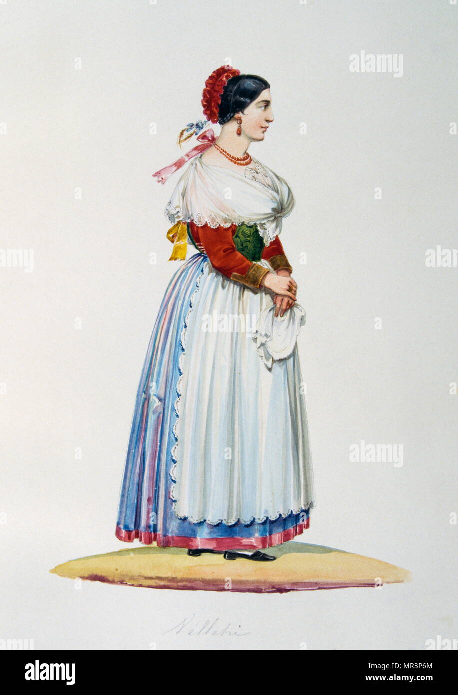 painting in Gouache depicting an Italian peasant in traditional costume ...