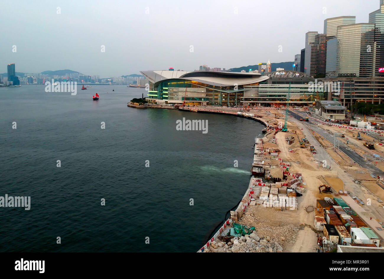 Aerial of landfill and construction development in Central District ...
