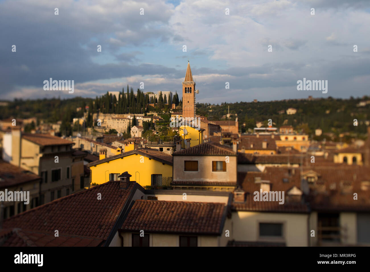 Roof top view over the Italian city of Verona with the spire of the ...