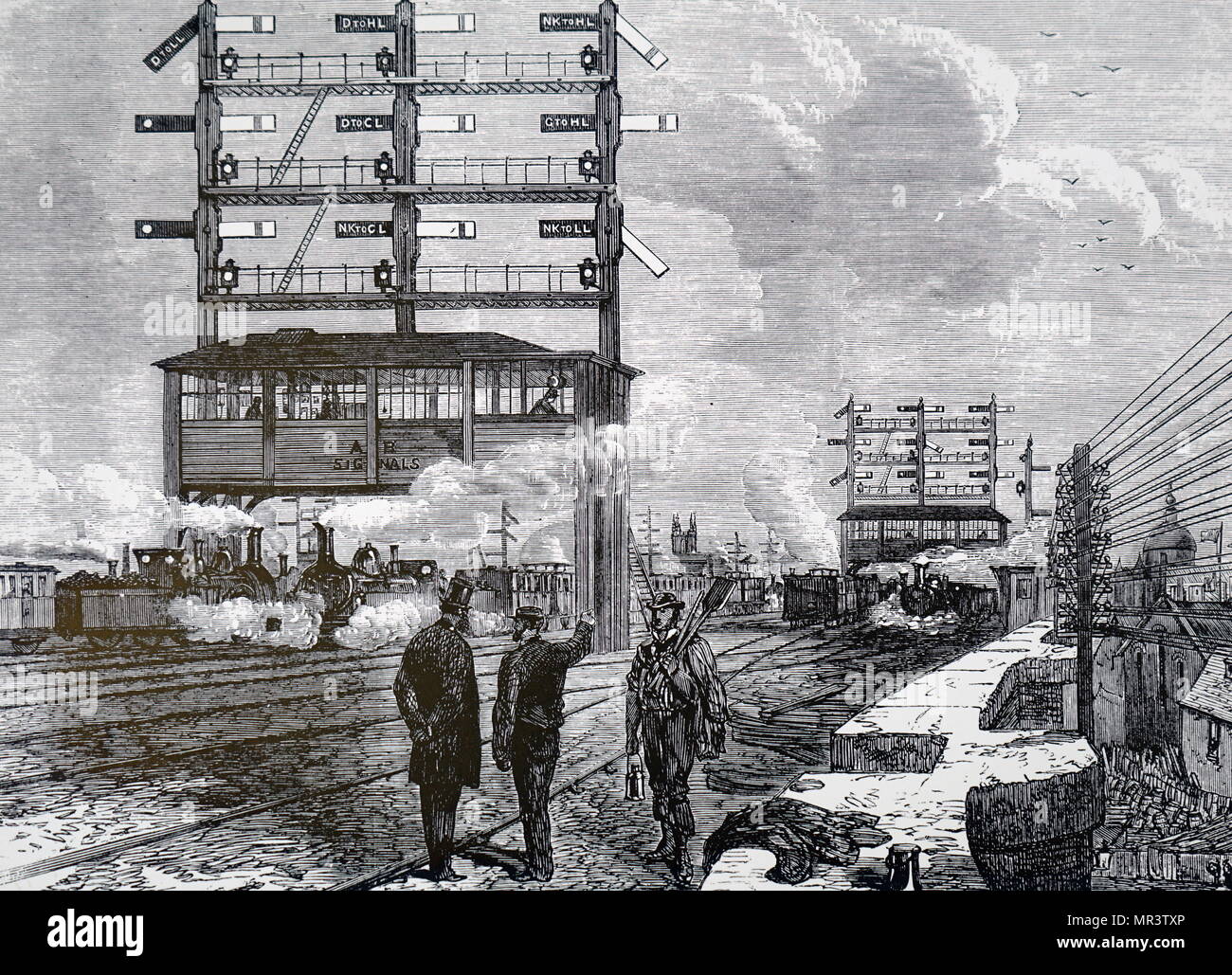 Illustration depicting a signal gantry at London Bridge Station. Dated ...