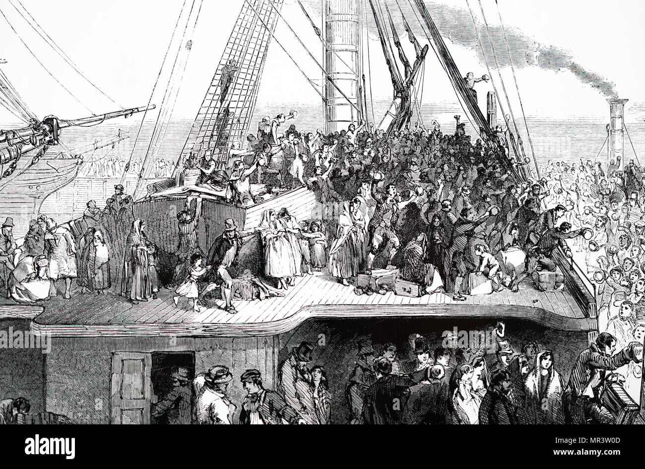 Illustration depicting an emigrant ship leaving Liverpool for America ...