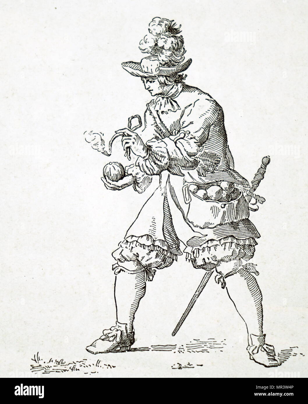 Illustration depicting a French grenadier lighting the fuse of a ...