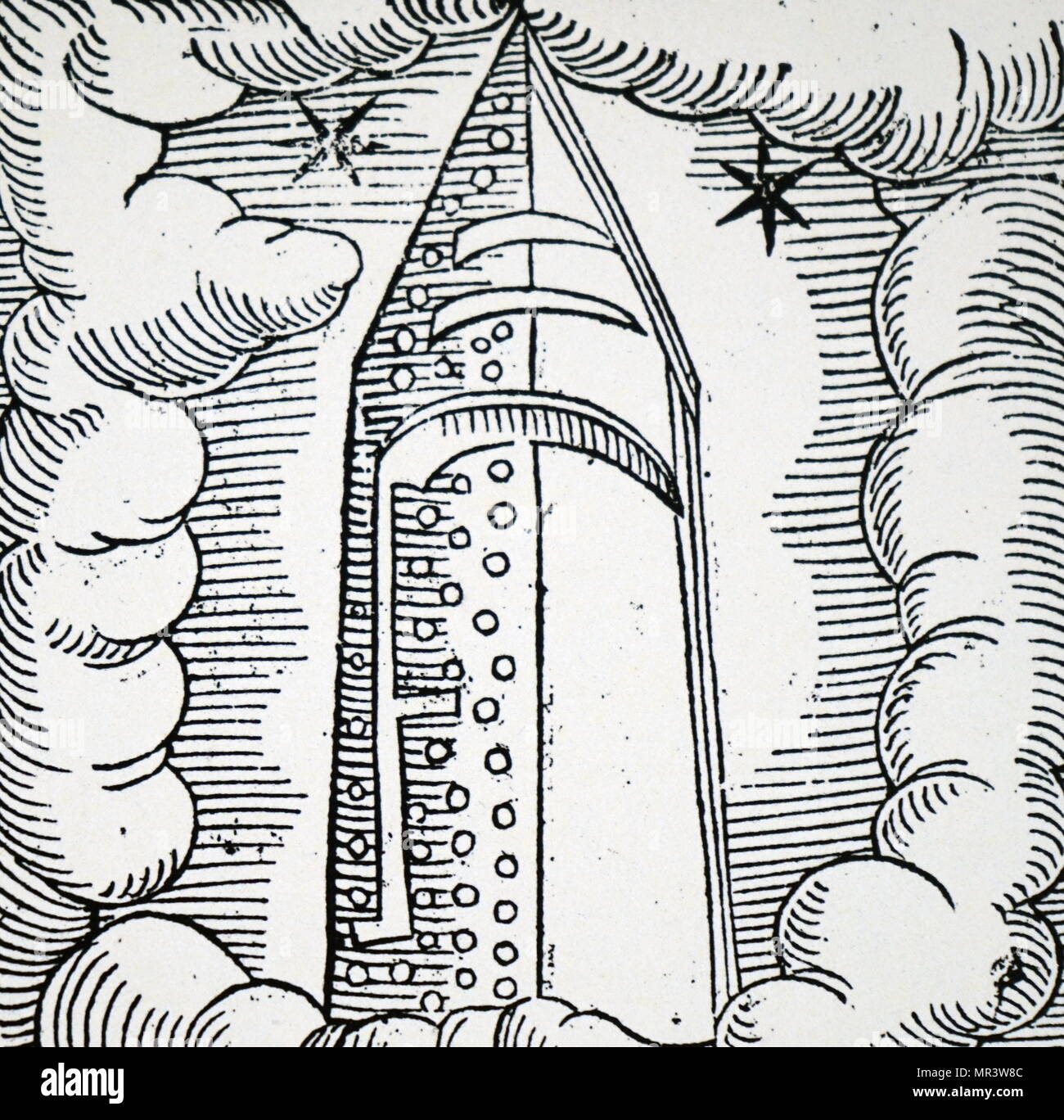 Woodblock engraving depicting a comet flying over North Africa in 1479 ...