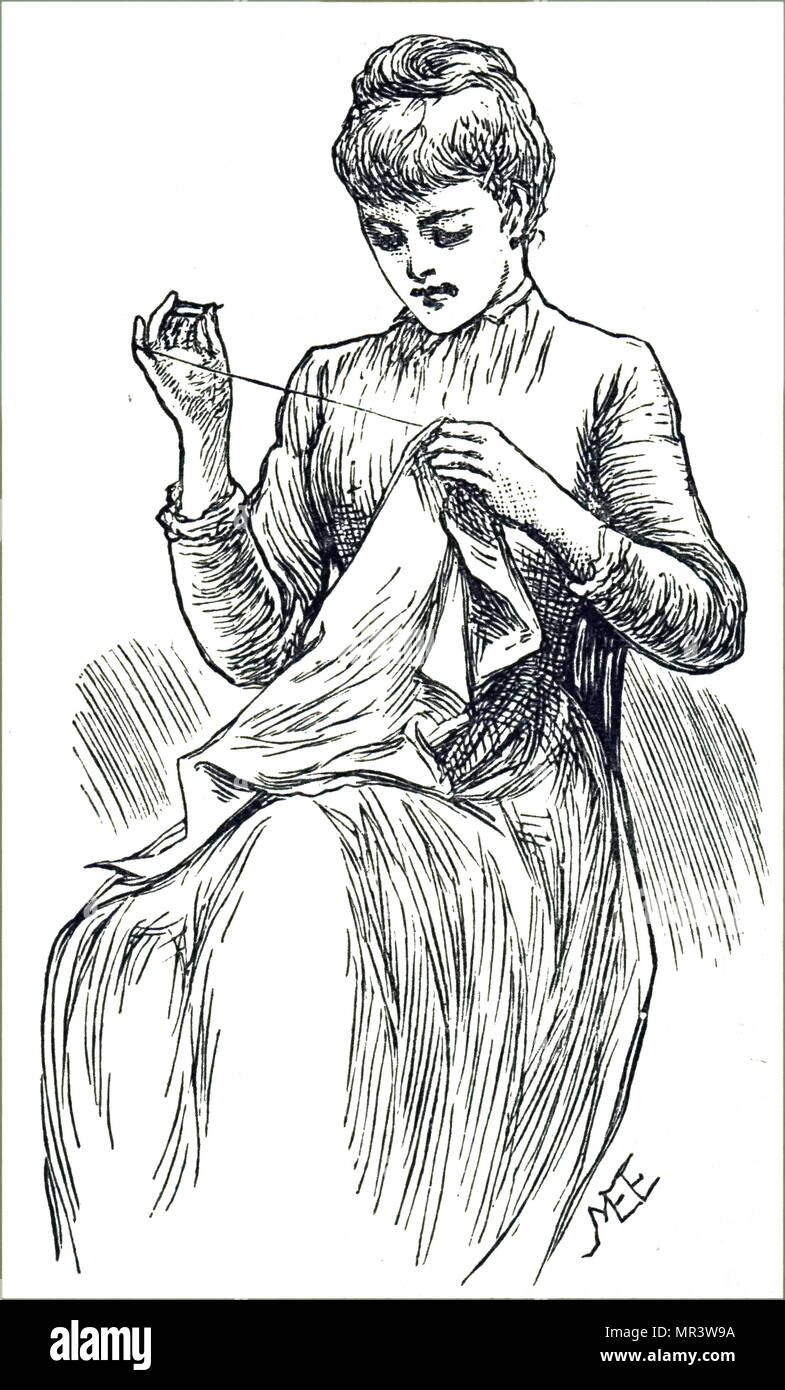 Engraving depicting a young woman sewing. Dated 19th century Stock ...