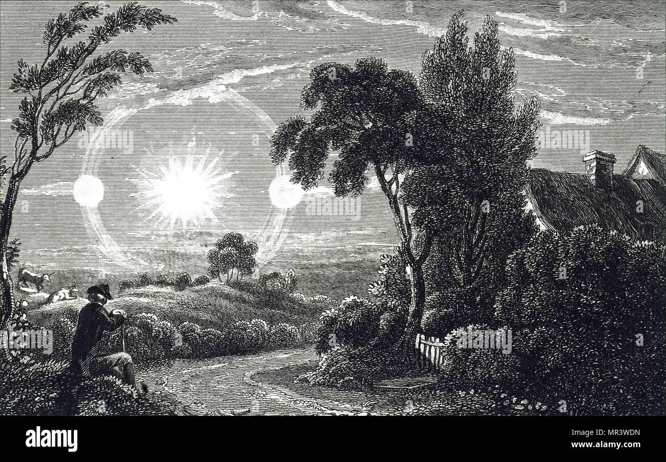 Engraving depicting mock suns, also known as parhelion and sun dog, an ...
