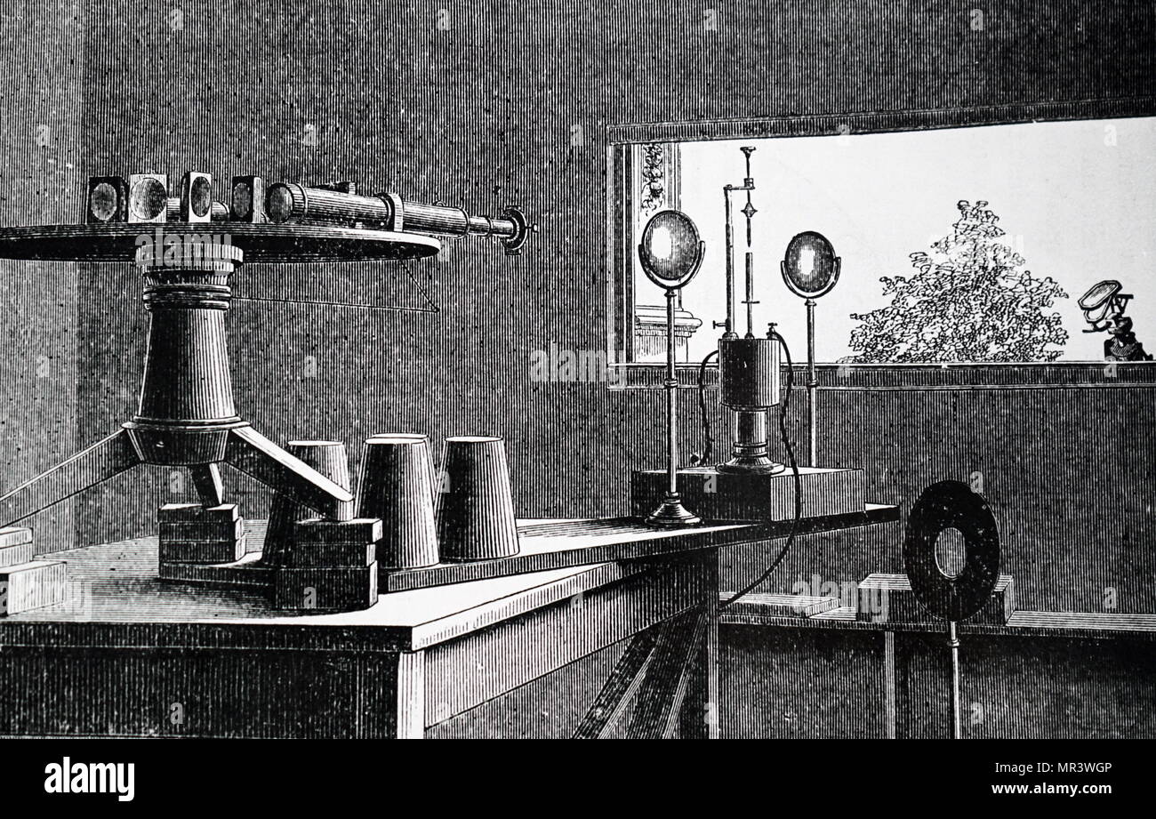 Illustration depicting Norman Lockyer's solar spectrograph. Solar ...